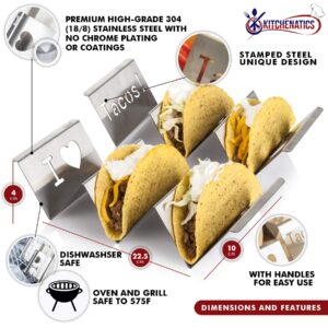 KITCHENATICS Stainless Steel Taco Holder Taco Stand - Metal Taco Tray Holders For Serving Tacos, Taco Plates, Taco Shell Mold - Grill, Oven & Dishwasher Safe Taco Holder Stand - Taco Holders Set of 4