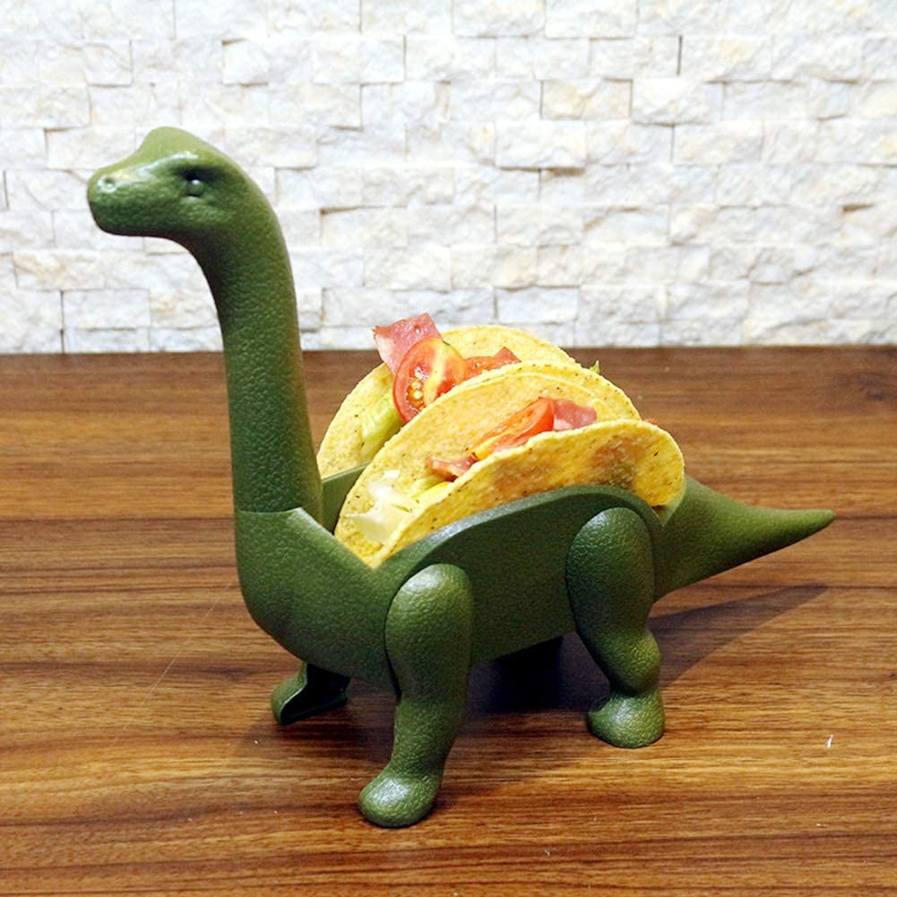 SilkLove Taco Stand Rack Tray, Plastic Long Necked Dinosaur-Shaped Food Server Taco Holders, Dinosaur Taco Stand for Hot Dogs, Burritos, Cookies (Dark Green)