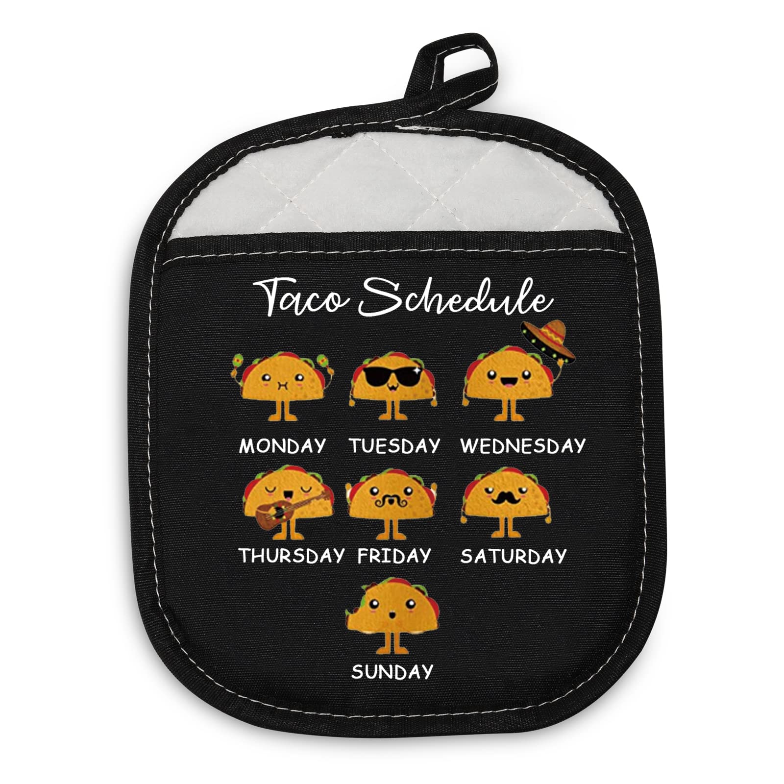 VAMSII Taco Pot Holder Taco Schedule Taco Pun Hot Pad Mexican Food Lover Gift Oven Mitts (Taco Pot Holder)