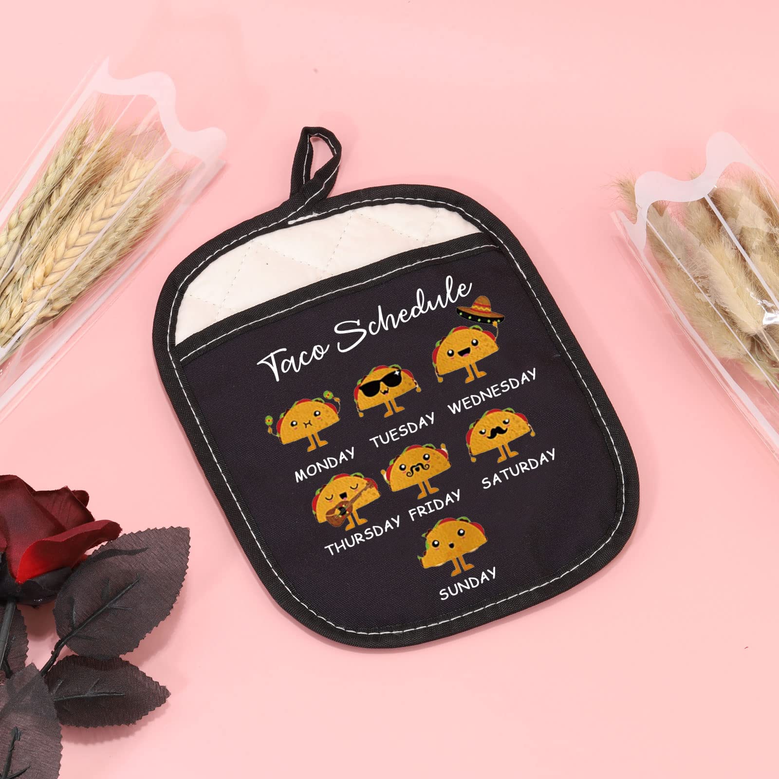 VAMSII Taco Pot Holder Taco Schedule Taco Pun Hot Pad Mexican Food Lover Gift Oven Mitts (Taco Pot Holder)