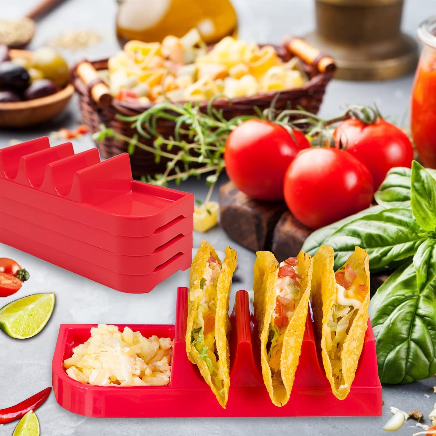 SUICGYU Taco Holders Set of 4,Taco Plates with Dividers for Taco Night Party,Colorful Taco Rack for Tortilla,Burritos, Nachos, Fajitas(Red)