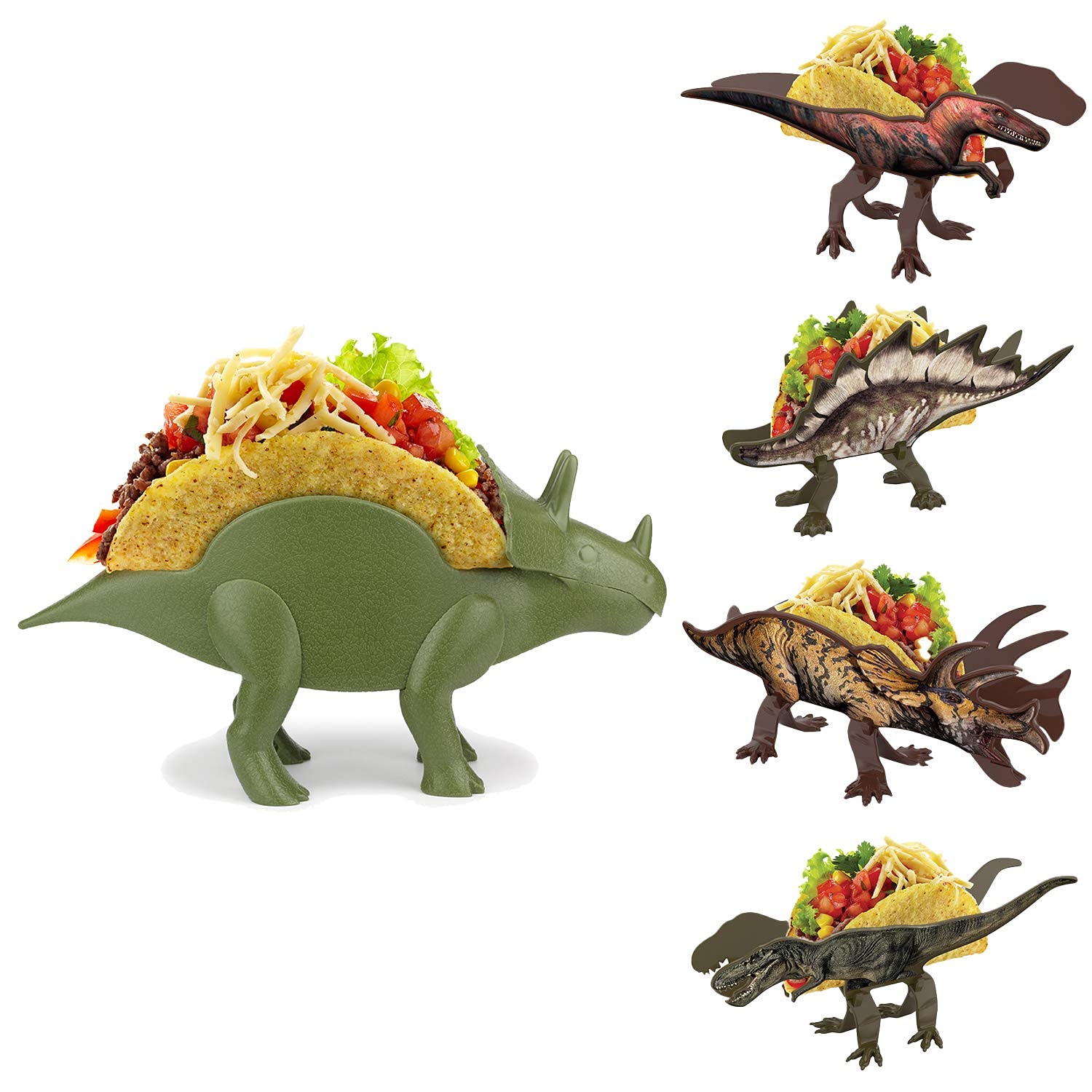 Funwares Dinosaur Taco Holders - TriceraTaco Ultimate Stand and Set of 4 Dinos that Fold Flat for Compact Storage