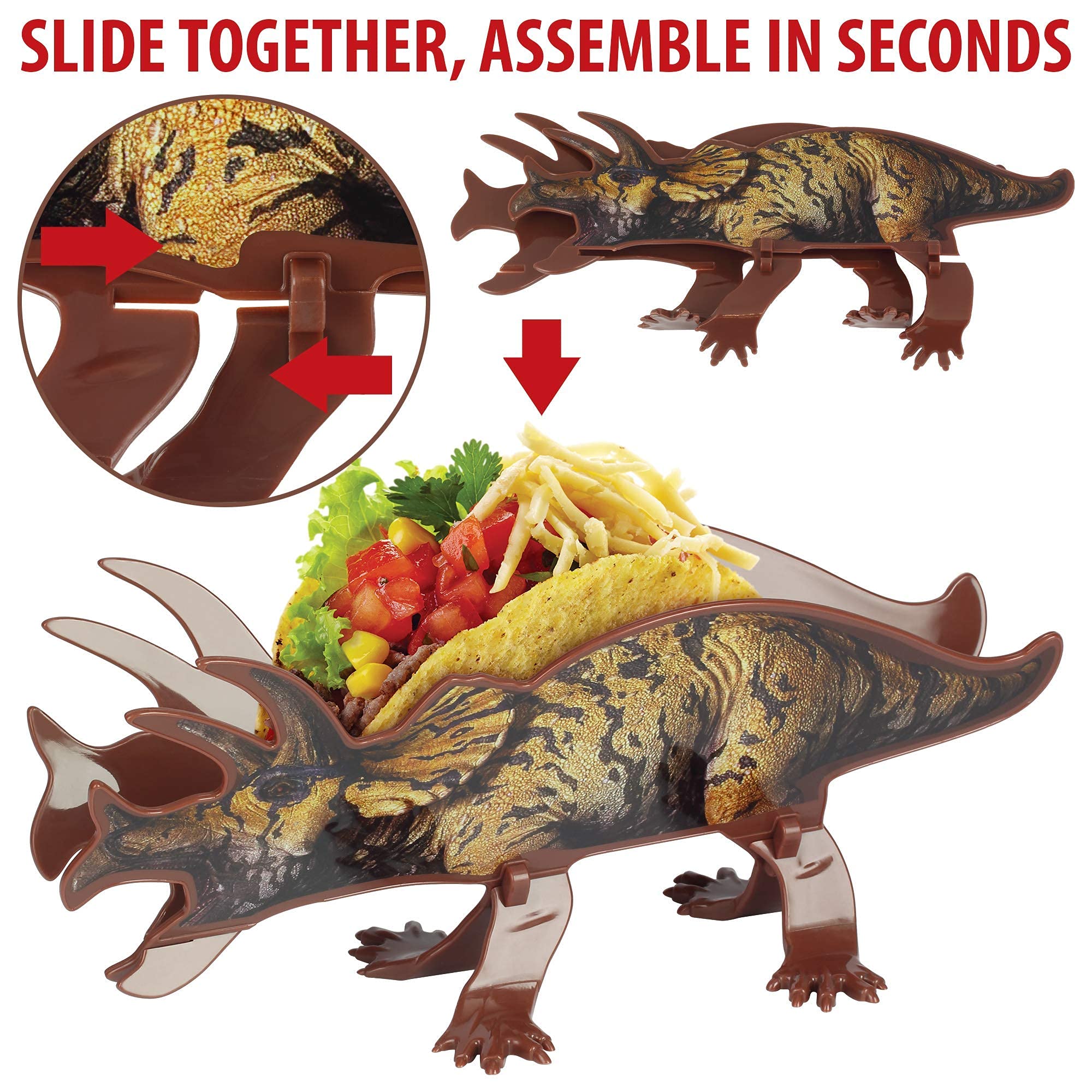 Funwares Dinosaur Taco Holders - TriceraTaco Ultimate Stand and Set of 4 Dinos that Fold Flat for Compact Storage