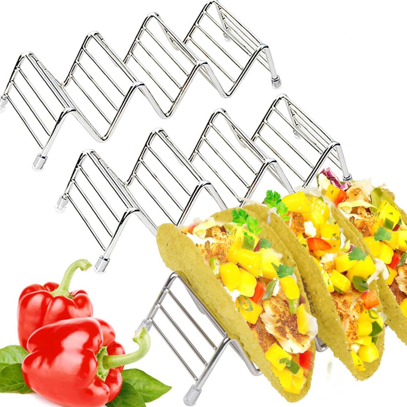 MEKBOK Taco Holder, taco holder stand,Stainless Steel Taco Rack, Good Holder Stand on Table, Hold 3 or 4 Hard or Soft Shell Taco, Safe for Baking as Truck Tray- Set of 3