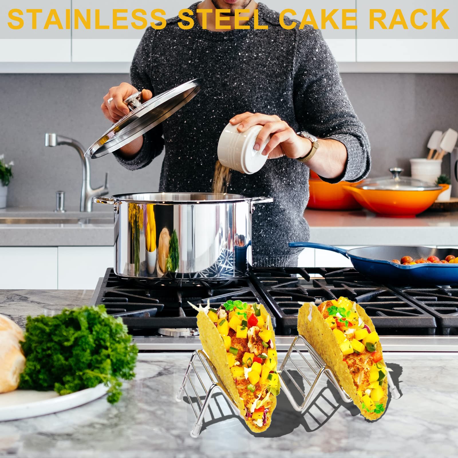 MEKBOK Taco Holder, taco holder stand,Stainless Steel Taco Rack, Good Holder Stand on Table, Hold 3 or 4 Hard or Soft Shell Taco, Safe for Baking as Truck Tray- Set of 3