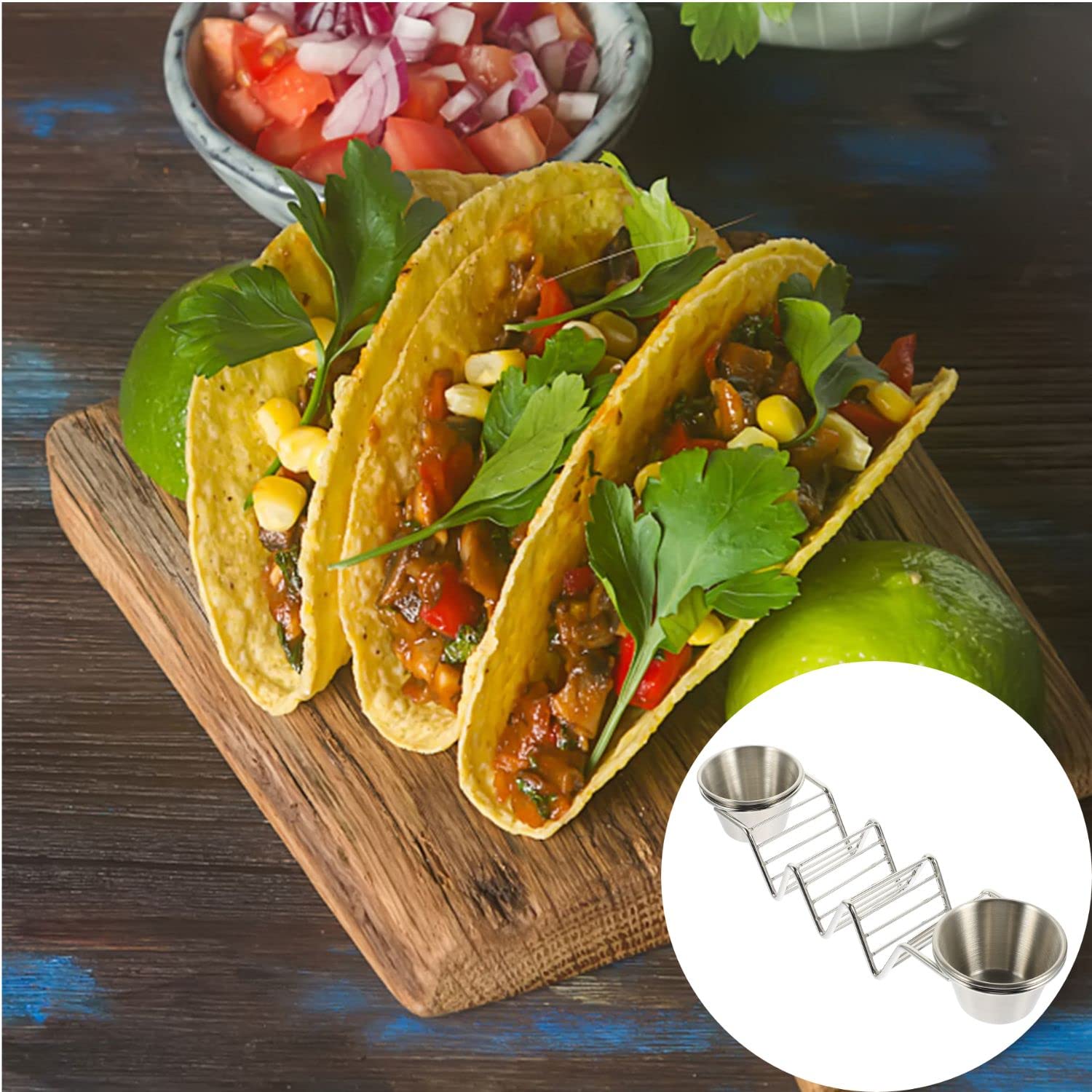 Cabilock Taco Stand Taco Holder Stainless Steel Holder Stands with 2 Dipping Bowls Handles Taco Rack Fill& Serve Tacos With Ease, Taco Trays Fried Food Cooling Drain Shelf 27x6.6x5cm