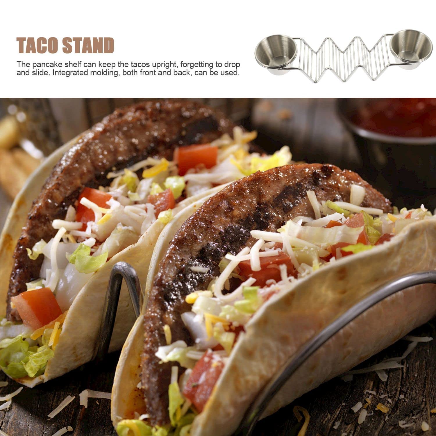 Cabilock Taco Stand Taco Holder Stainless Steel Holder Stands with 2 Dipping Bowls Handles Taco Rack Fill& Serve Tacos With Ease, Taco Trays Fried Food Cooling Drain Shelf 27x6.6x5cm