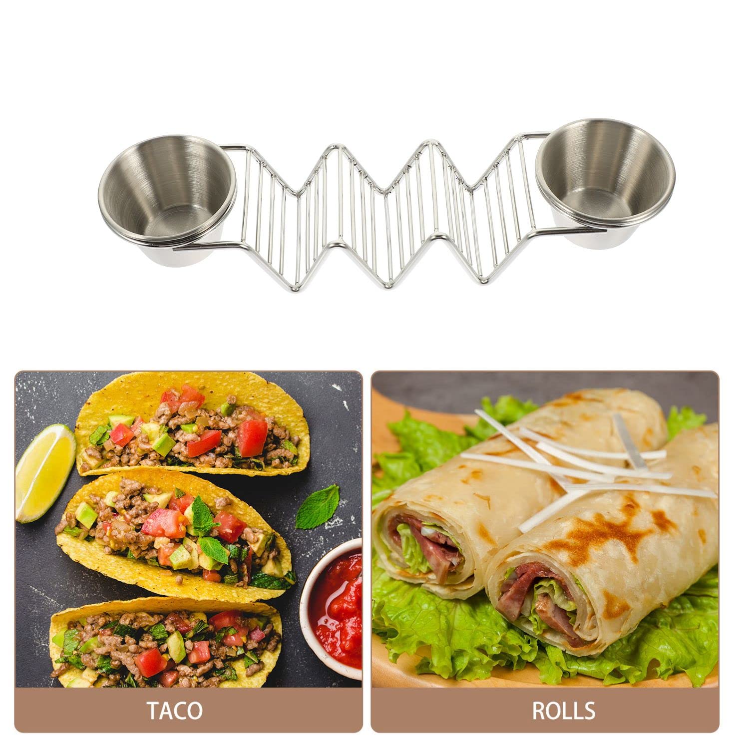 Cabilock Taco Stand Taco Holder Stainless Steel Holder Stands with 2 Dipping Bowls Handles Taco Rack Fill& Serve Tacos With Ease, Taco Trays Fried Food Cooling Drain Shelf 27x6.6x5cm