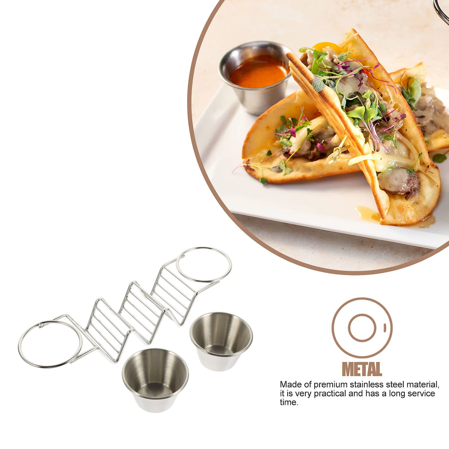 Cabilock Taco Stand Taco Holder Stainless Steel Holder Stands with 2 Dipping Bowls Handles Taco Rack Fill& Serve Tacos With Ease, Taco Trays Fried Food Cooling Drain Shelf 27x6.6x5cm