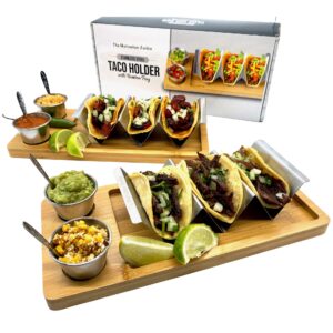 stainless steel taco stand holder with bamboo tray - set of 2 - taco tuesday with four sauce holders and four spoons - holds up to 4-6 tacos - stainless steel racks with handles oven & grill safe