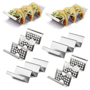 stainless steel taco holders, premium taco stands, taco rack with easy-access handle, food grade taco plate shells oven & grill safe, hollow, curves (set of 4)