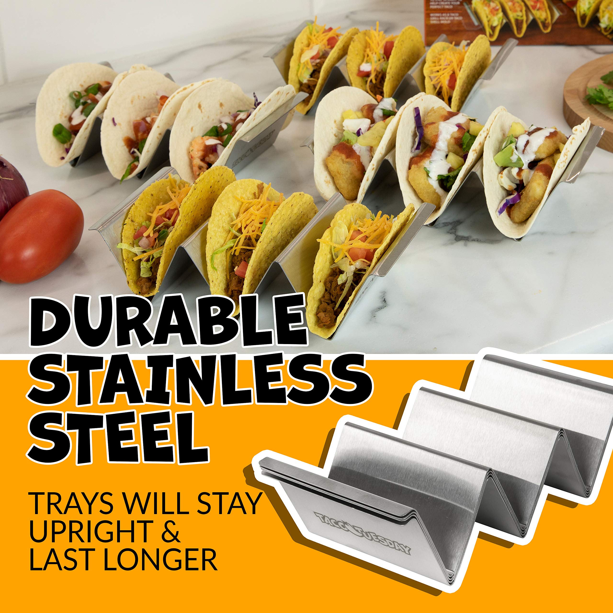 Nostalgia Taco Tuesday Stainless Steel 4-Piece Taco Holder Tray Set, Holds Up to 12 Shells, Dishwasher, Oven and Grill Safe, Use As Baking Rack