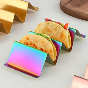 QIBOORUN Taco Holder Stand Set of 4 with 1 Food Tong - Stainless Steel Taco Stand Rack Tray Style, Oven Safe for Baking, Dishwasher and Grill Safe -Rainbow Color