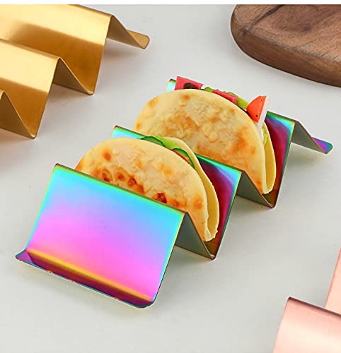 QIBOORUN Taco Holder Stand Set of 4 with 1 Food Tong - Stainless Steel Taco Stand Rack Tray Style, Oven Safe for Baking, Dishwasher and Grill Safe -Rainbow Color