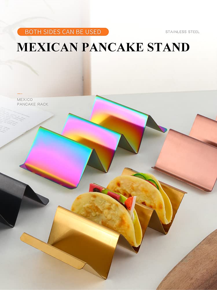 QIBOORUN Taco Holder Stand Set of 4 with 1 Food Tong - Stainless Steel Taco Stand Rack Tray Style, Oven Safe for Baking, Dishwasher and Grill Safe -Rainbow Color