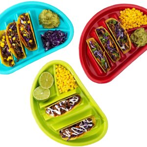 Stephanie Imports MADE IN USA Set of 3 Taco Serving Plastic Plates With Side Compartments in Teal, Red and Lime Green (BPA-Free, Microwave and Dishwasher Safe)