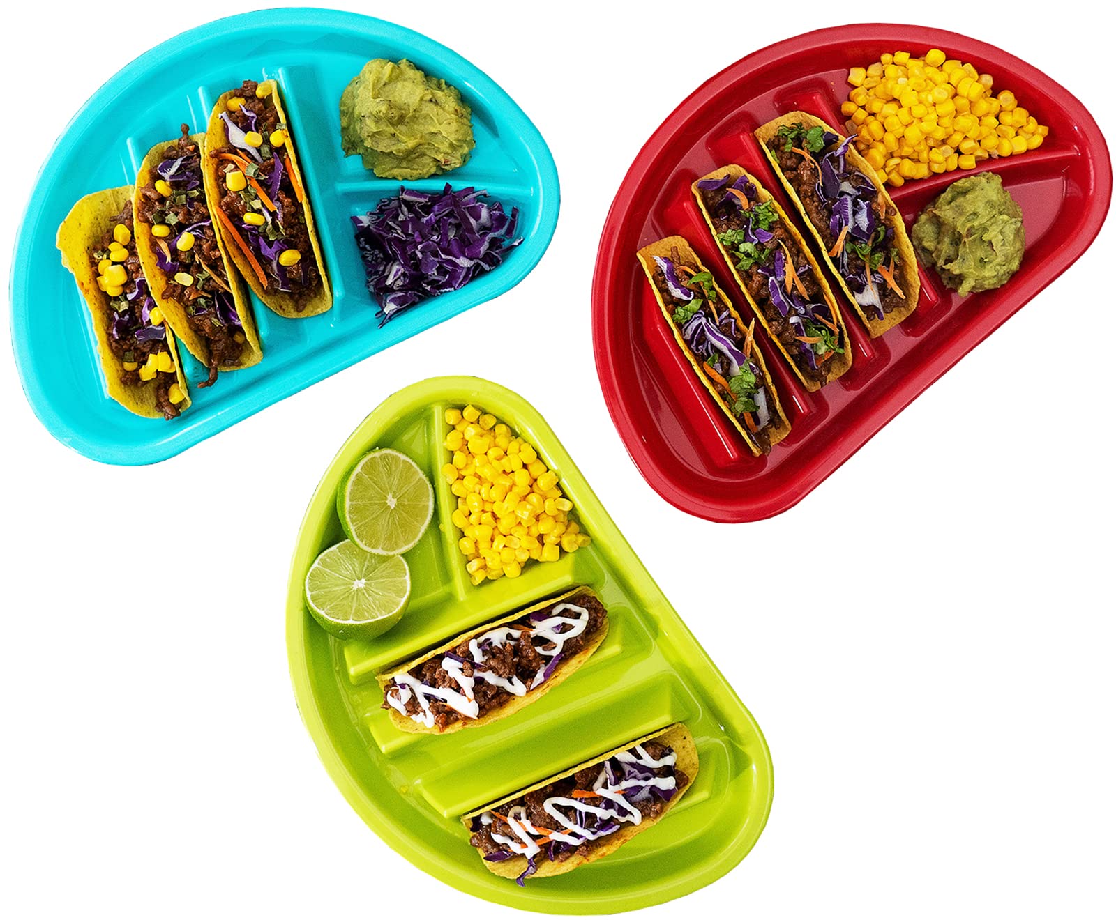 Stephanie Imports MADE IN USA Set of 3 Taco Serving Plastic Plates With Side Compartments in Teal, Red and Lime Green (BPA-Free, Microwave and Dishwasher Safe)