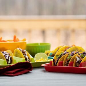 Stephanie Imports MADE IN USA Set of 3 Taco Serving Plastic Plates With Side Compartments in Teal, Red and Lime Green (BPA-Free, Microwave and Dishwasher Safe)