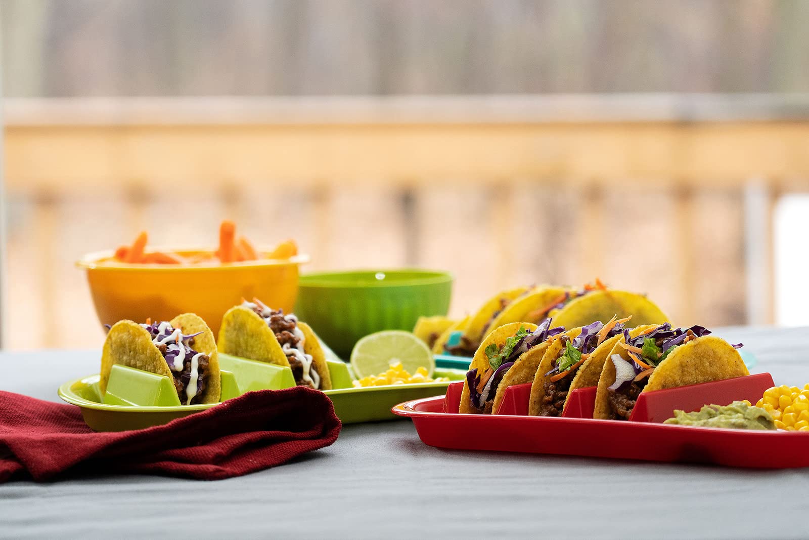 Stephanie Imports MADE IN USA Set of 3 Taco Serving Plastic Plates With Side Compartments in Teal, Red and Lime Green (BPA-Free, Microwave and Dishwasher Safe)