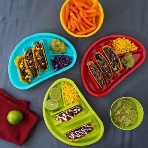 Stephanie Imports MADE IN USA Set of 3 Taco Serving Plastic Plates With Side Compartments in Teal, Red and Lime Green (BPA-Free, Microwave and Dishwasher Safe)