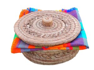 mextequil - authentic mexican tortilla warmer basket - pine needle handwoven with handloomed cloth (natural 7" w cloth)