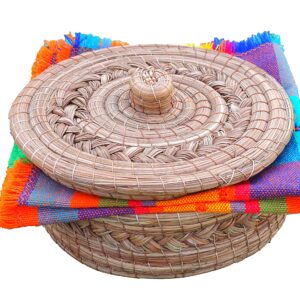 MEXTEQUIL - Authentic Mexican Tortilla Warmer Basket - Pine Needle Handwoven with Handloomed Cloth (Natural 7" w cloth)