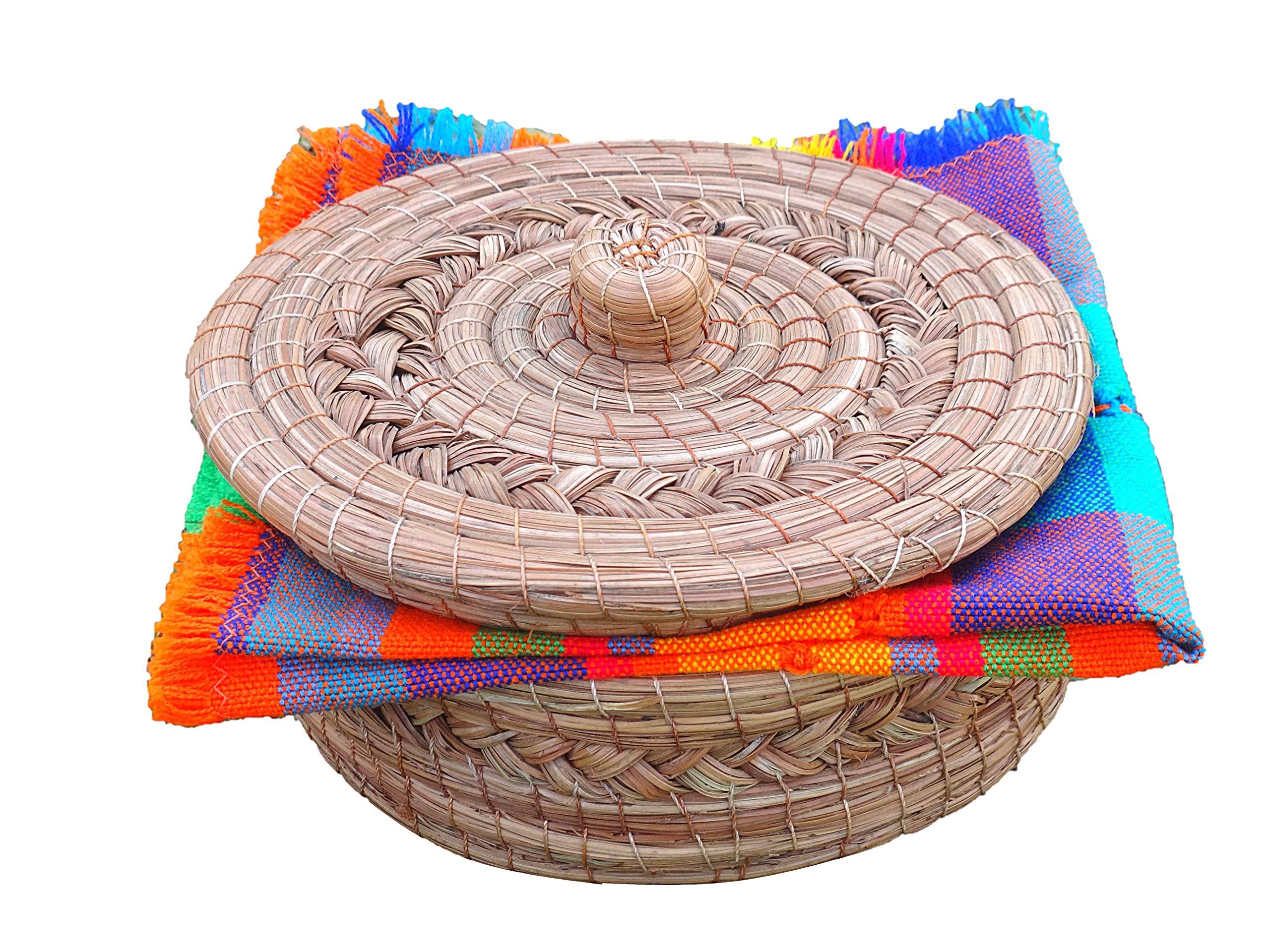 MEXTEQUIL - Authentic Mexican Tortilla Warmer Basket - Pine Needle Handwoven with Handloomed Cloth (Natural 7" w cloth)