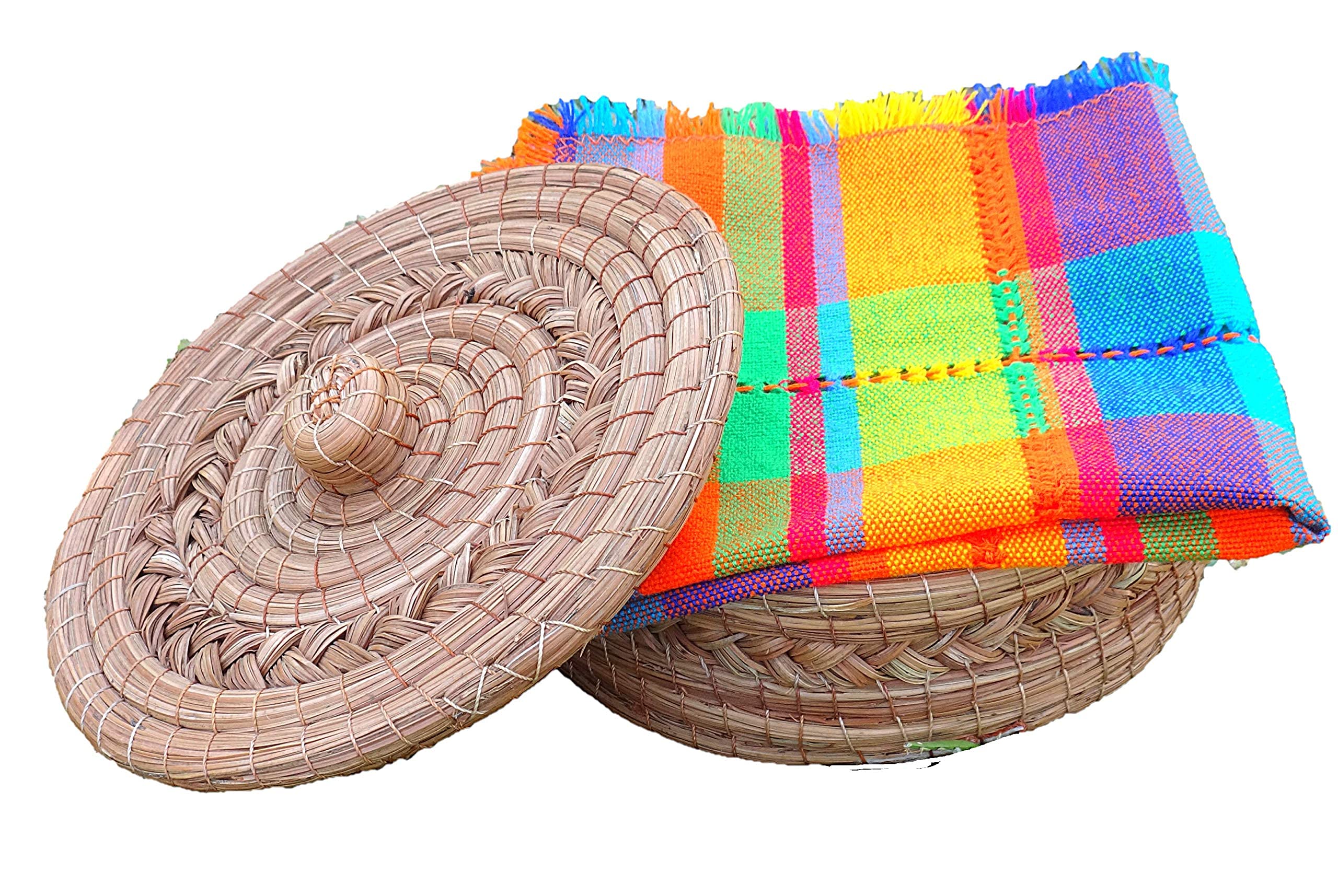 MEXTEQUIL - Authentic Mexican Tortilla Warmer Basket - Pine Needle Handwoven with Handloomed Cloth (Natural 7" w cloth)