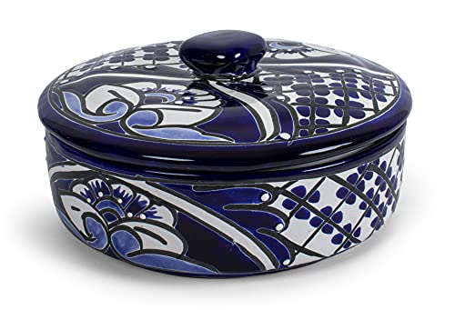 FESTMEX Genuine Mexican Talavera Hand Painted Tortillero Ceramic Tortilla warmer bowl with lid Handmade in Mexico by Artisans (Blue)