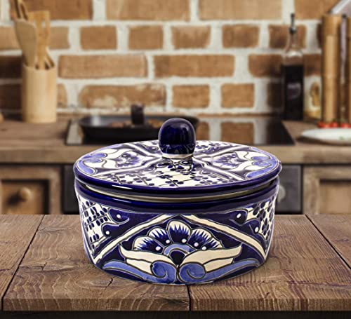 FESTMEX Genuine Mexican Talavera Hand Painted Tortillero Ceramic Tortilla warmer bowl with lid Handmade in Mexico by Artisans (Blue)