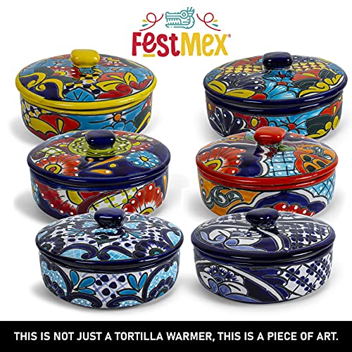 FESTMEX Genuine Mexican Talavera Hand Painted Tortillero Ceramic Tortilla warmer bowl with lid Handmade in Mexico by Artisans (Blue)