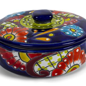 FESTMEX Genuine Mexican Talavera Hand Painted Tortillero Ceramic Tortilla warmer bowl with lid Handmade in Mexico by Artisans (Floral)