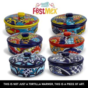 FESTMEX Genuine Mexican Talavera Hand Painted Tortillero Ceramic Tortilla warmer bowl with lid Handmade in Mexico by Artisans (Floral)