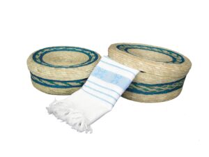 2 pack mexican handmade palm baskets with lid and 1 woven napkin cloth (servilleta mexicana) 100% cotton eco friendly mexican tortilla warmer (tortillero) for party fiesta decoration (blue)