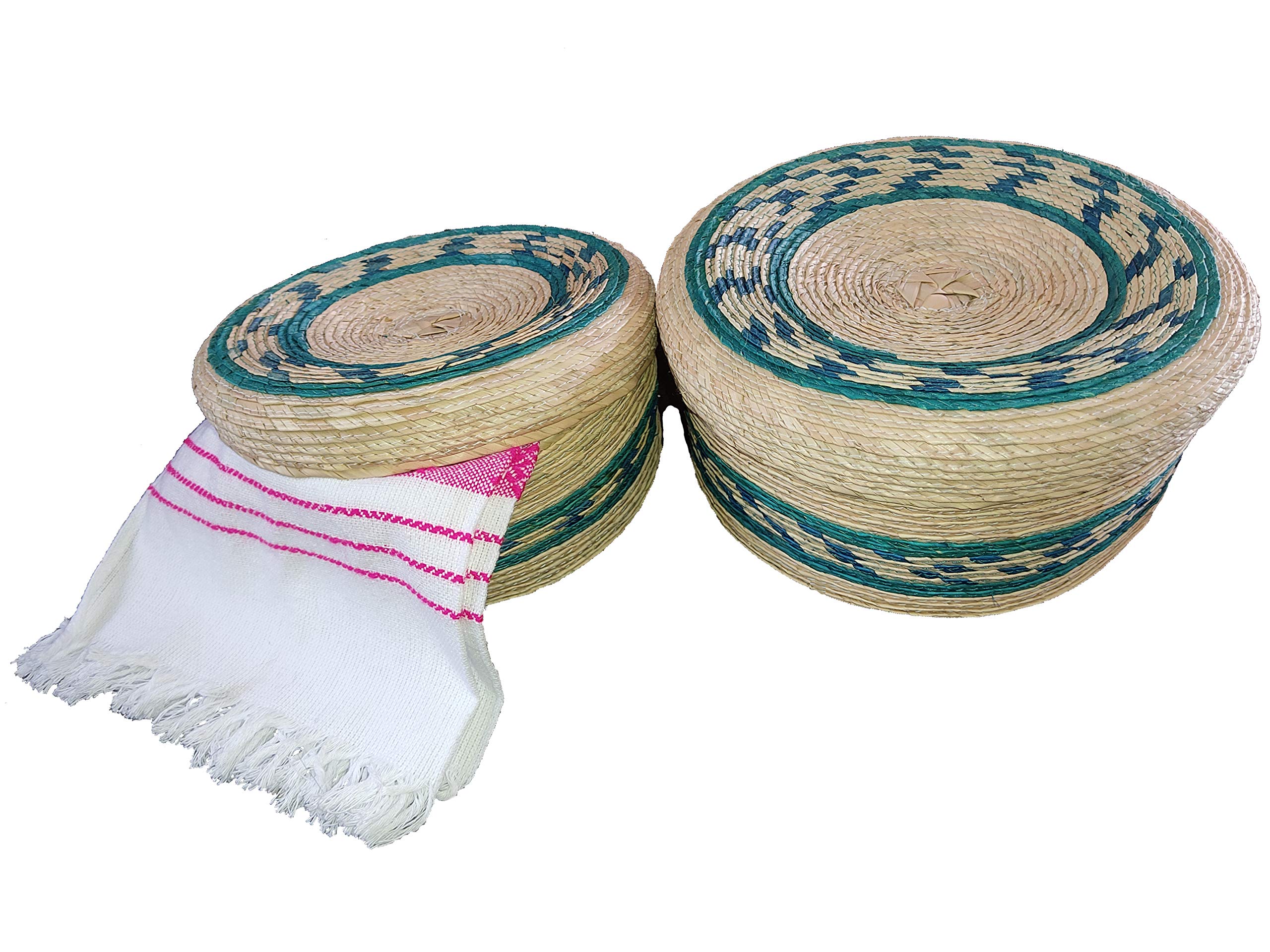 2 pack Mexican handmade palm baskets with lid and 1 woven napkin cloth (servilleta mexicana) 100% cotton Eco Friendly Mexican tortilla warmer (tortillero) for party fiesta decoration (Blue)