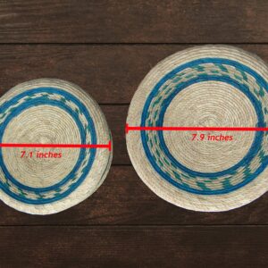 2 pack Mexican handmade palm baskets with lid and 1 woven napkin cloth (servilleta mexicana) 100% cotton Eco Friendly Mexican tortilla warmer (tortillero) for party fiesta decoration (Blue)