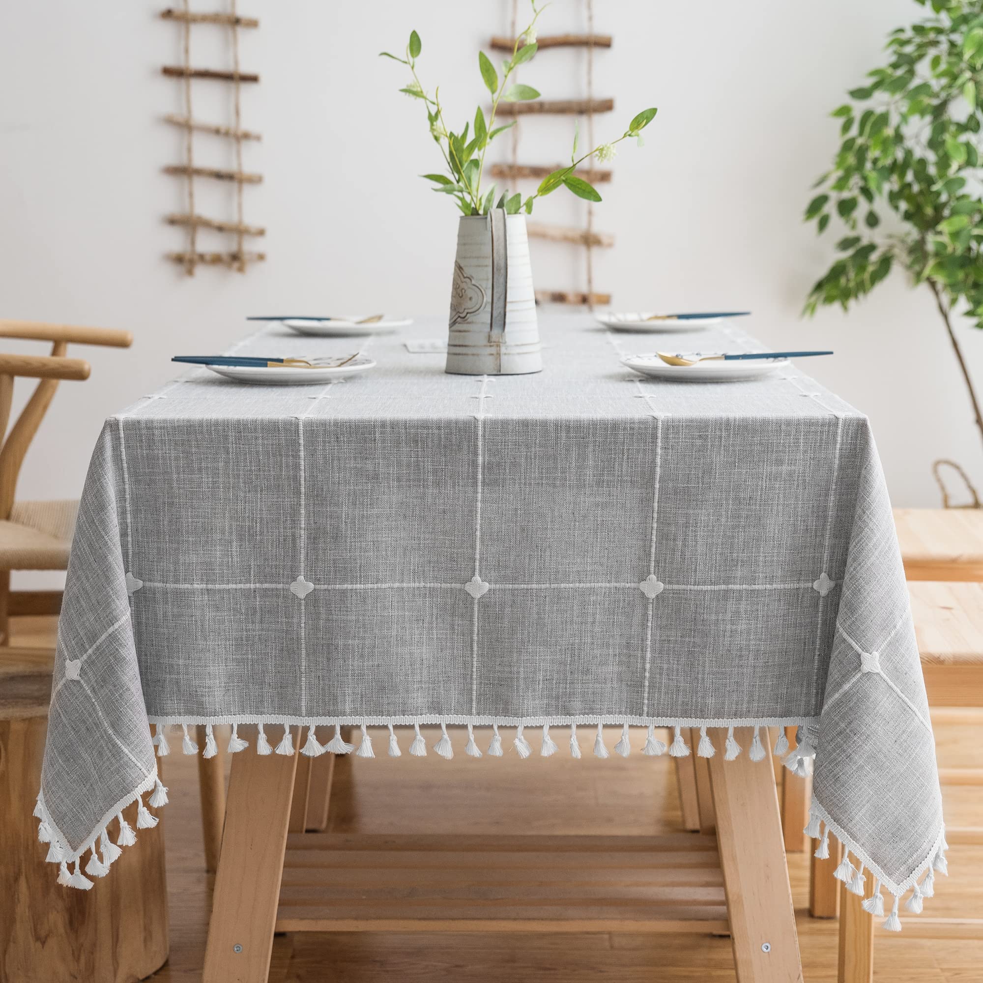 Oubonun Cotton Linen Rectangular Table Cloth, Wrinkle Resistant, Waterproof Tablecloth, Washable Farmhouse Table Cover with Tassels for Kitchen Dining Party, 55''x102'', 8-10 Seats, Grey