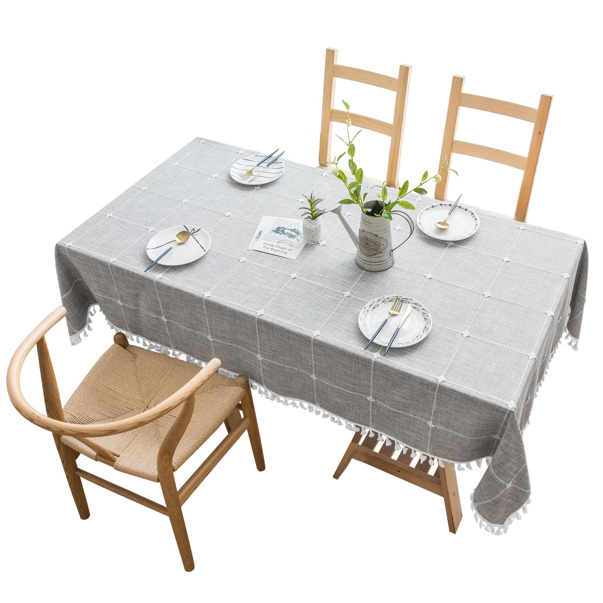 Oubonun Cotton Linen Rectangular Table Cloth, Wrinkle Resistant, Waterproof Tablecloth, Washable Farmhouse Table Cover with Tassels for Kitchen Dining Party, 55''x102'', 8-10 Seats, Grey