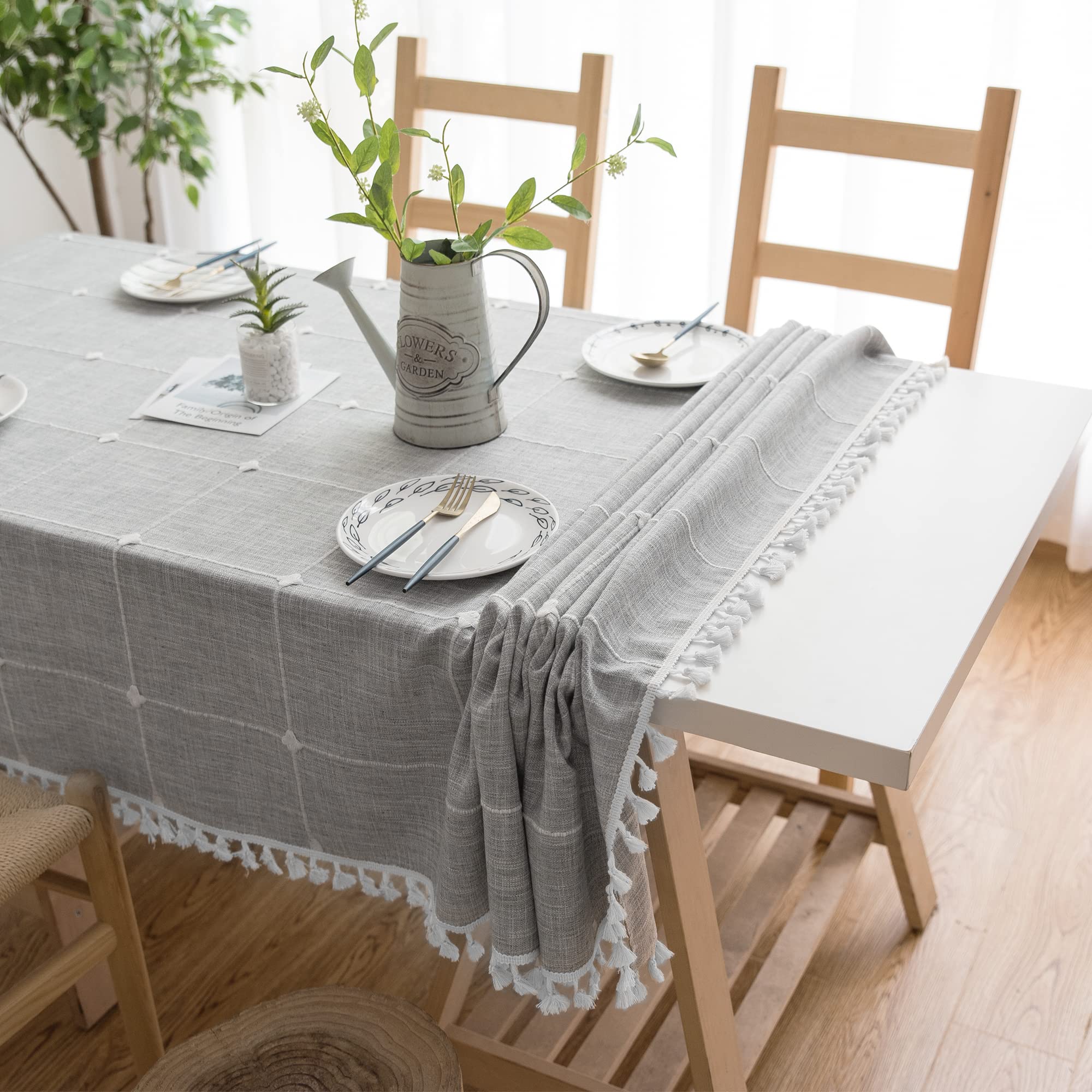 Oubonun Cotton Linen Rectangular Table Cloth, Wrinkle Resistant, Waterproof Tablecloth, Washable Farmhouse Table Cover with Tassels for Kitchen Dining Party, 55''x102'', 8-10 Seats, Grey