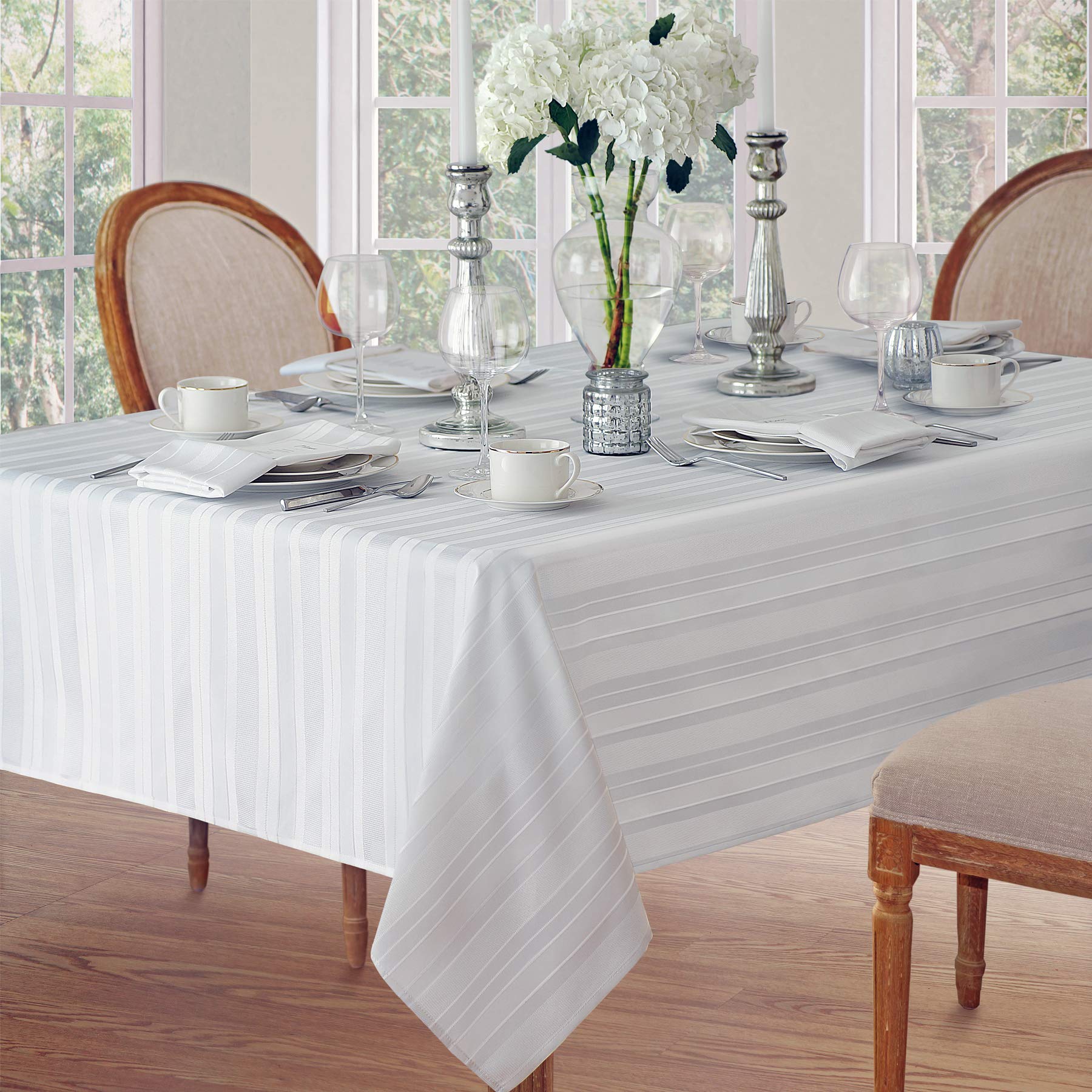 Newbridge Satin Stripe Weave No-Iron Soil Resistant Fabric Tablecloth, 60" x 144" Oblong, White