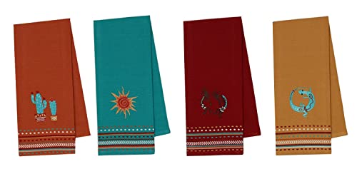 Design Imports Southwest Table Linens, 18-Inch by 28-Inch Dishtowels, Set of 4, 1 Cactus Embroidered, 1 Sun Embroidered 1 Kokopelli Embroidered and 1 Lizard Embroidered