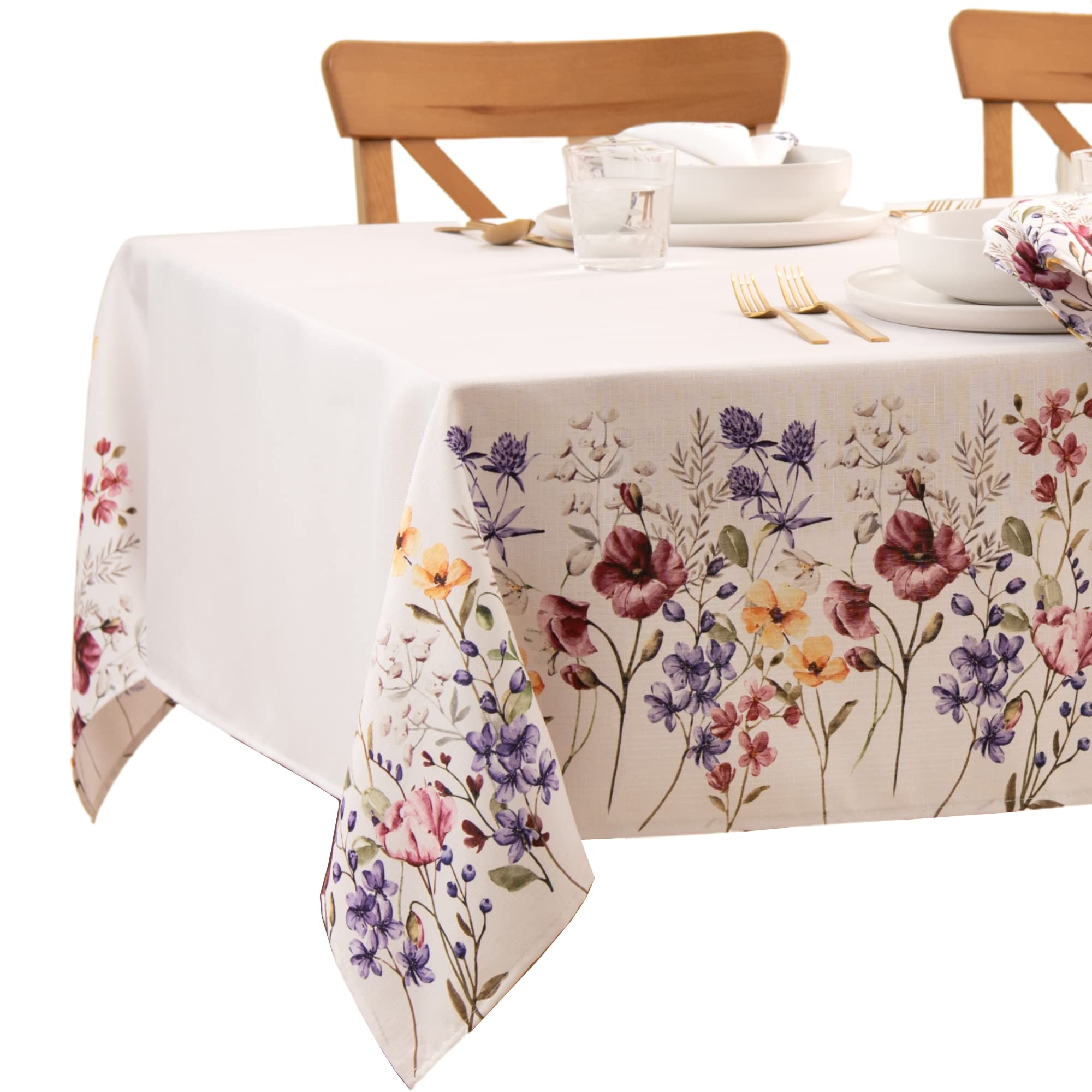 Elrene Home Fashions Poppy Wildflower Botanical Border Fabric Tablecloth, Rectangle, 60 inches X 144 inches