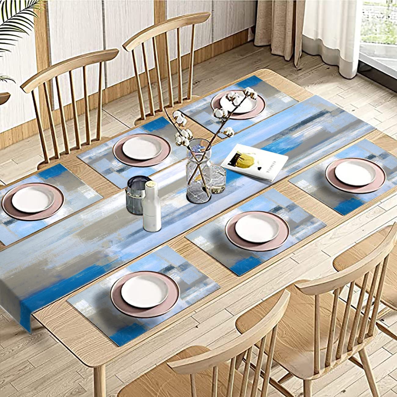 TQFZP Light Blue and Grey Abstract Modern Table Runner with Place Mats Set of 7 Graffiti Art Painting Linen Dining Mat Sets Washable Tabletop for Home Decorations 108 Inches Long