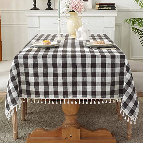 Laolitou Checkered Tablecloth Rectangle Washable Halloween Buffalo Plaid Table Cloth with Tassel Cotton Linen Gingham Table Cover for Picnic Kitchen Dining Room, Black and White, 70 Inch