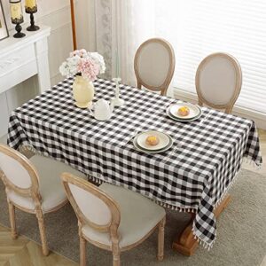 Laolitou Checkered Tablecloth Rectangle Washable Halloween Buffalo Plaid Table Cloth with Tassel Cotton Linen Gingham Table Cover for Picnic Kitchen Dining Room, Black and White, 70 Inch