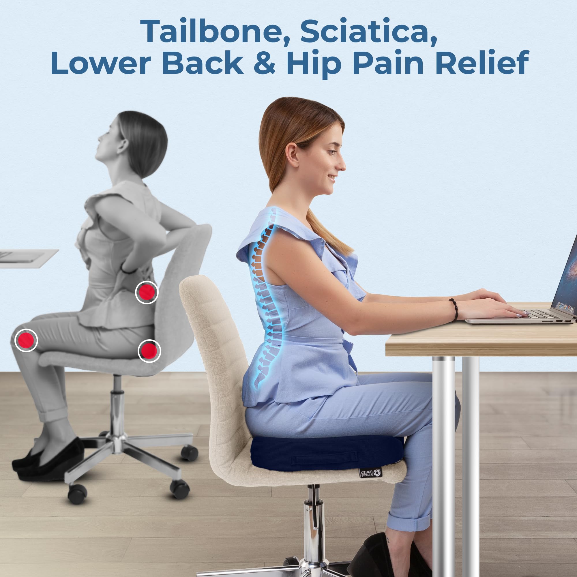 5 STARS UNITED Seat Cushion for Desk Chair - Tailbone, Coccyx Sciatica Pain Relief - Office Chair Cushions - Wheelchair Cushions - Car Seat Cushions - Pressure Relief Lifting Cushions