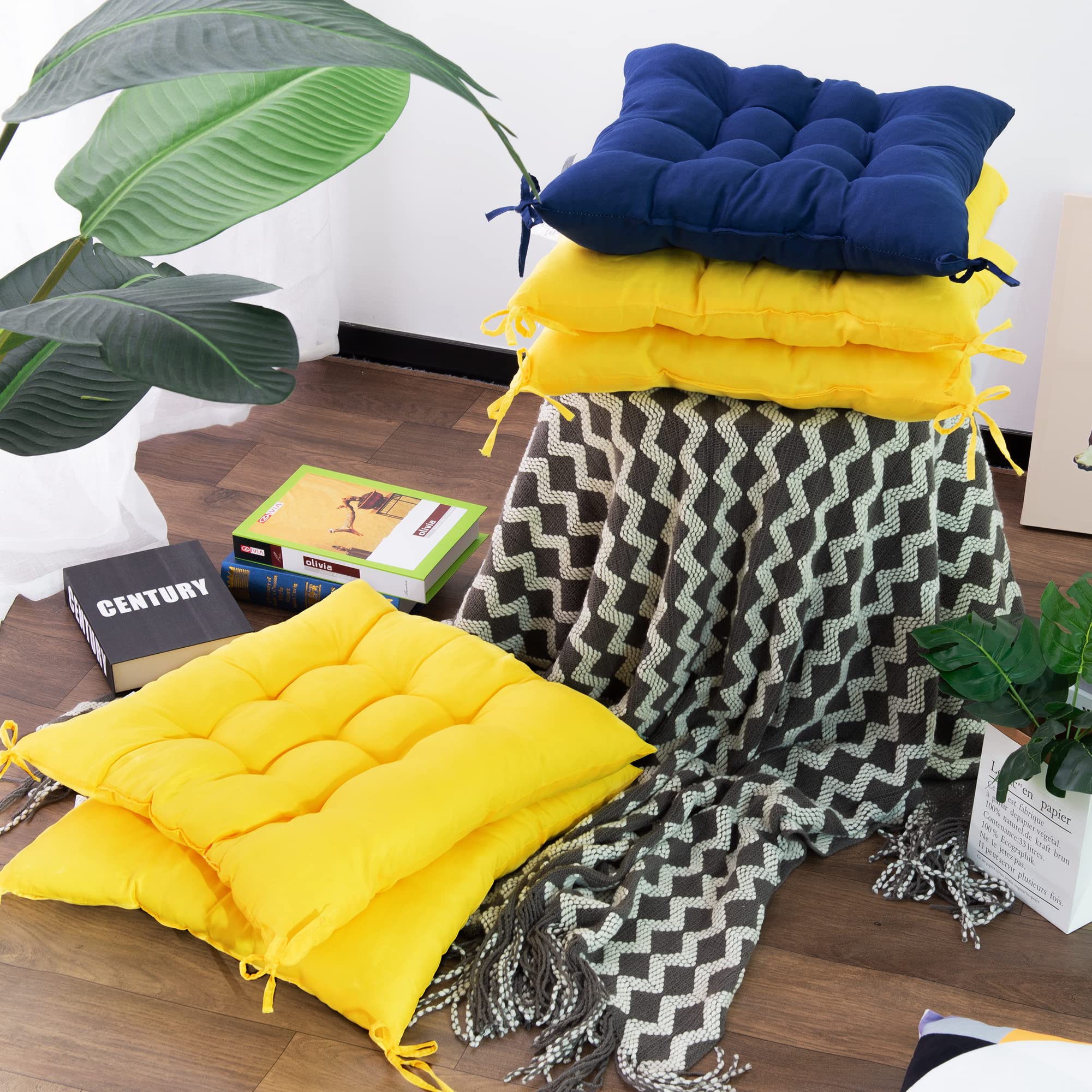 PICTURESQUE 4PCS Chair Pads Soft Seat Cushions with Ties Non Slip Seat Pads Comfortable Chair Cushions for Dining Living Room Kitchen Office Travel Washable, Yellow