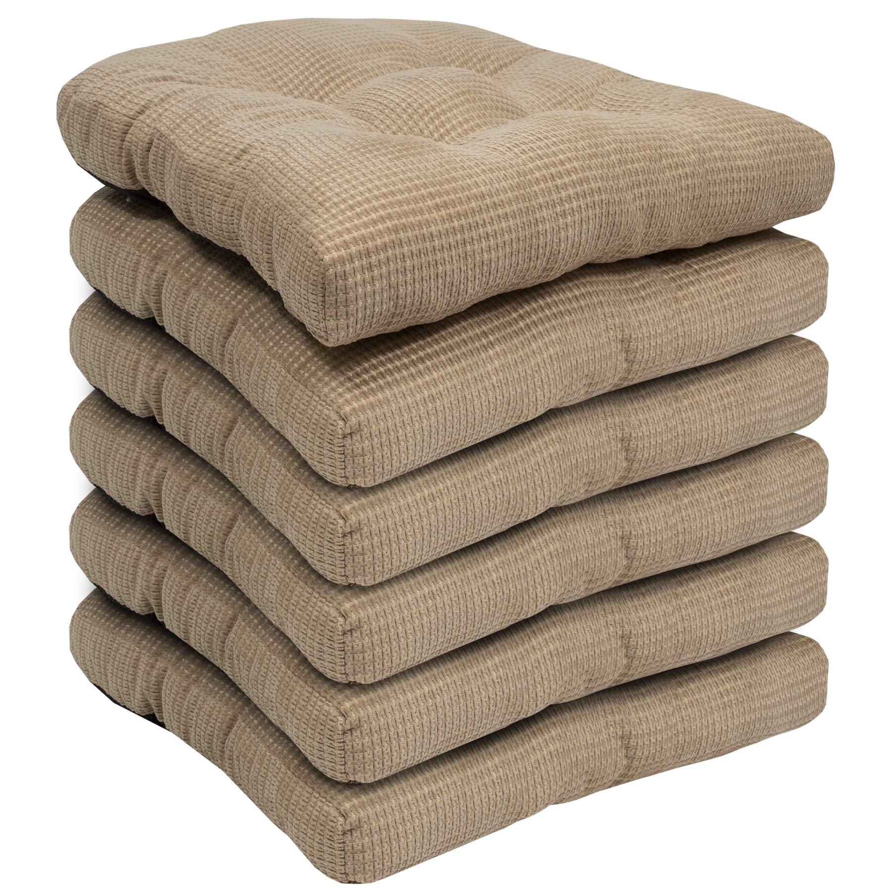 Sweet Home Collection Chair Cushion Crushed Memory Foam Pads Premium Slip Non Skid Microdot Rubber Back Tufted 16" x 16" x 3.25" Thick Seat Cover, 6 Pack, Taupe