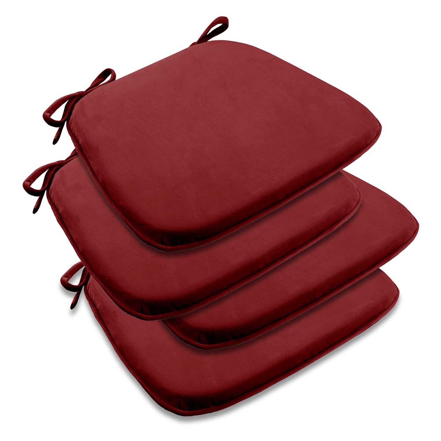 downluxe Indoor Chair Cushions for Dining Chairs, Dutch Velvet Fabric Memory Foam Chair Pads with Ties for Kitchen, Dining Room and Bedroom, 17" X 16" X 1.5", Burgundy, 4 Pack