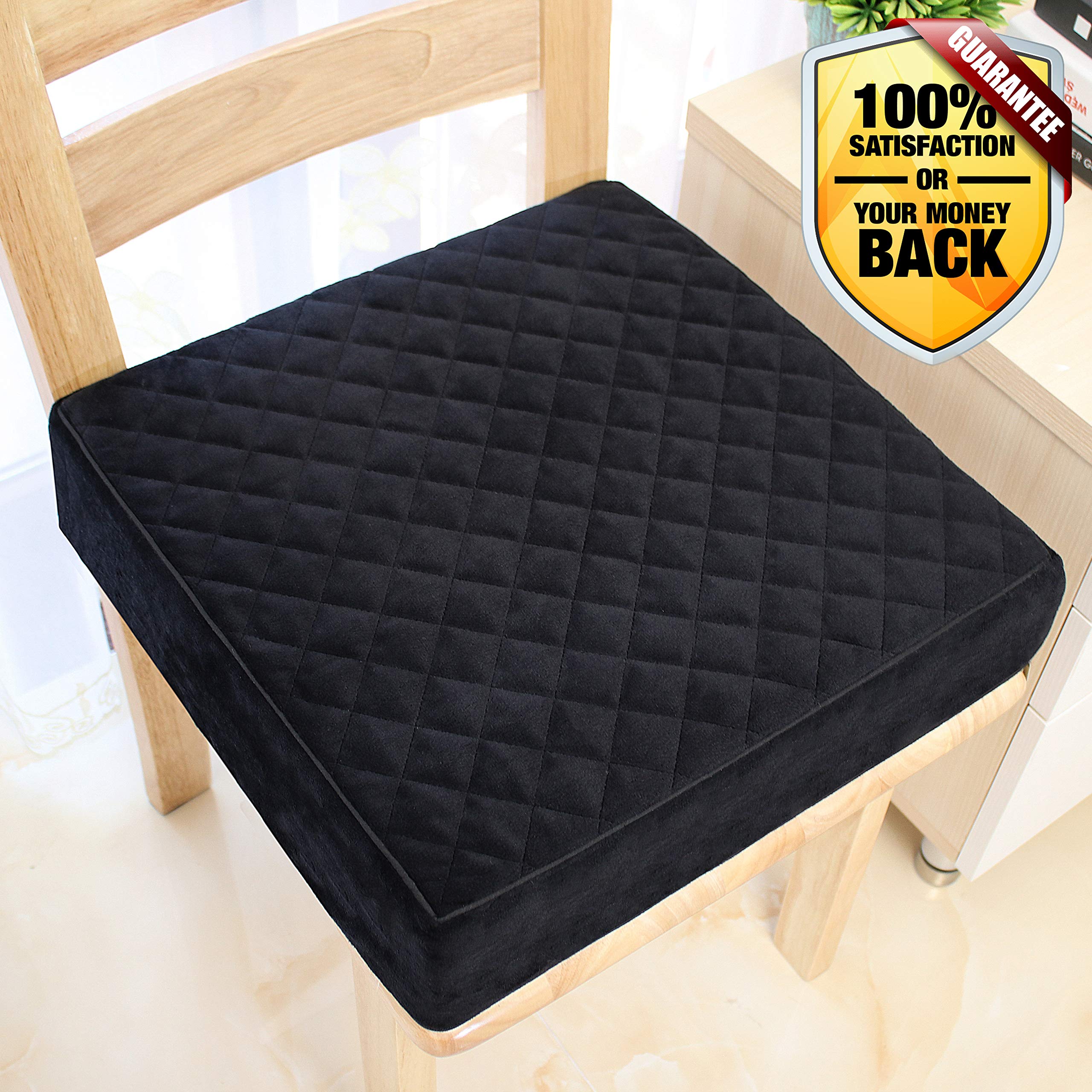 COMFORTANZA Chair Seat Cushion - 16x16x3 Memory Foam Square Thick Non-Slip Chair Pads for Kitchen, Dining, Office Chairs and Car Seats - Comfort and Back Pain Relief - Soft - Black